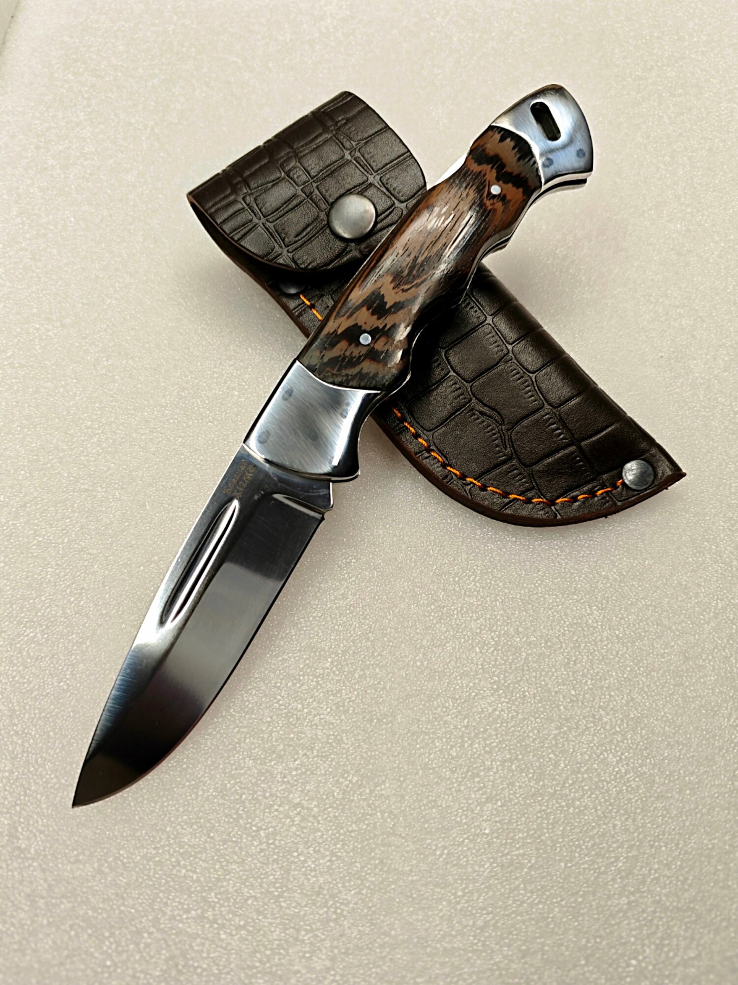 Нож складной Фанат Кованая Х12МФ Венге длина 24см ручная работа ножны натуральная кожа в комплекте