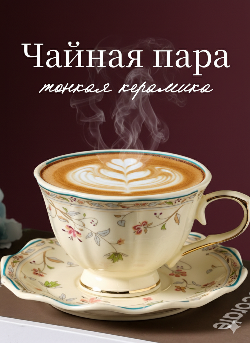 Чайная пара Calm Studio, 200мл, керамическая, бежевая, с рисунком цветов и растений