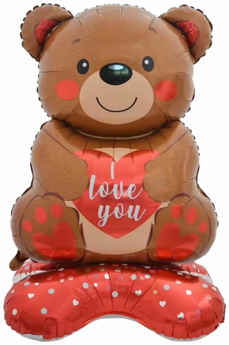 Воздушный шар-фигура фольгированный "Медведь с сердцем" 55" на подставке, под воздух, надувной воздушный шарик из фольги, большой шар для фотозоны на праздник и день рождения