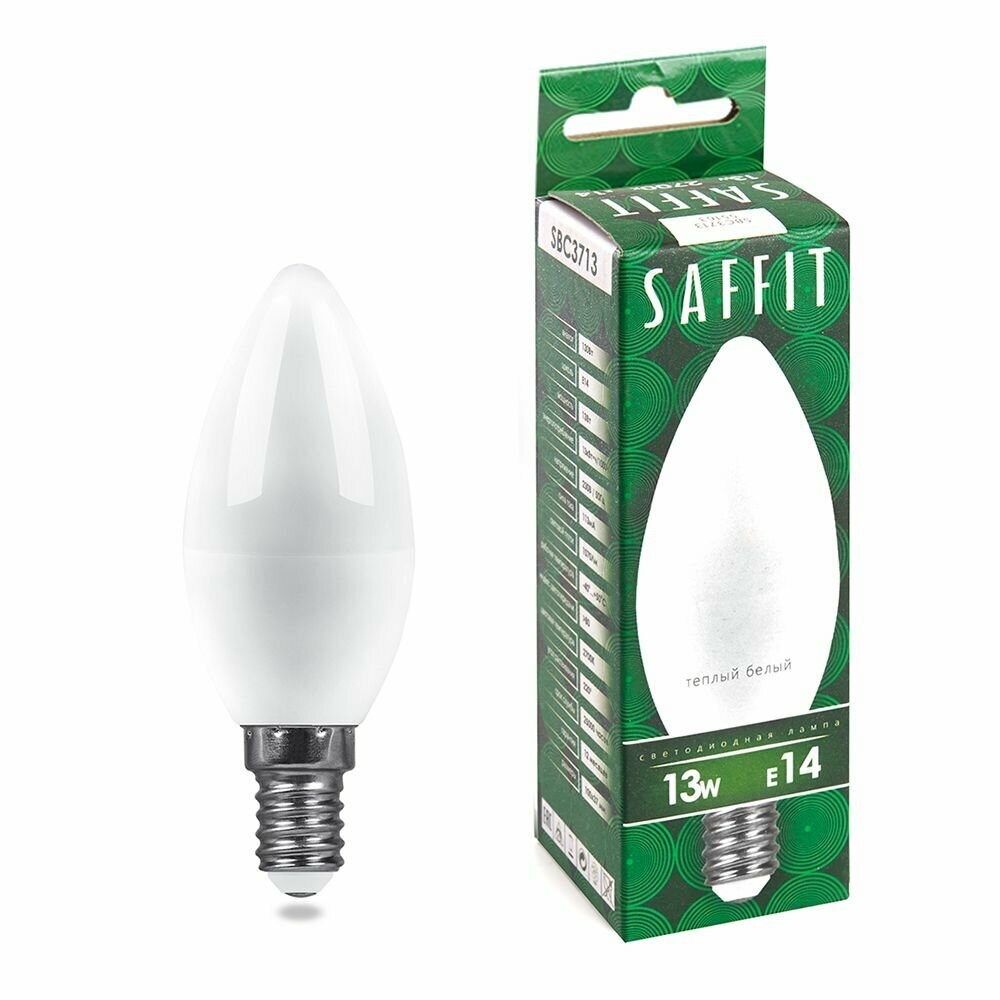 Лампа светодиодная E14 13 Вт C37 свеча теплый белый свет 2700K Saffit SBC3713 55163