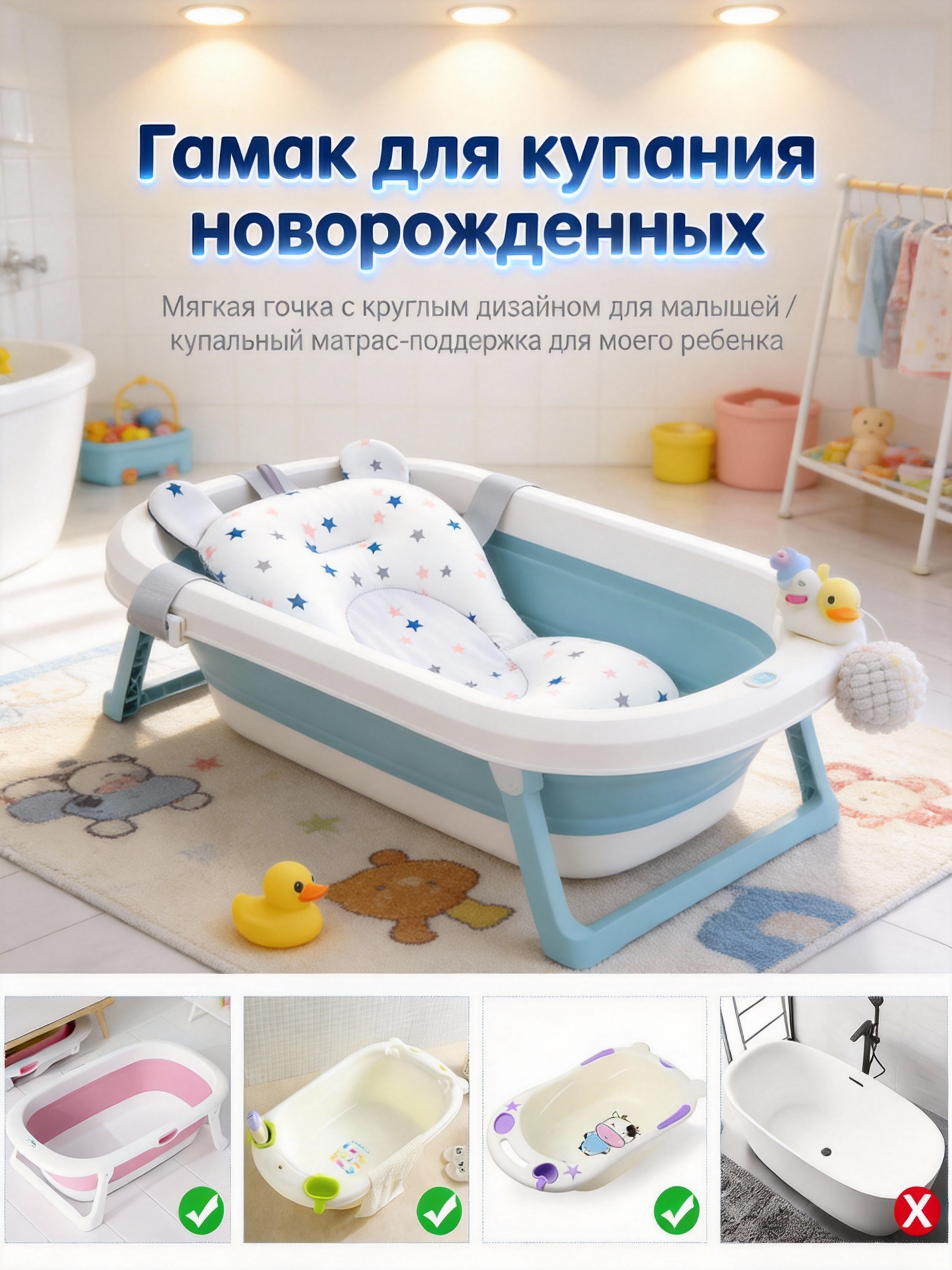 Гамак для купания новорожденных MELL в ванночку, мягкая горка с креплениями для поддержки малышей подставка-матрасик для мытья ребенка