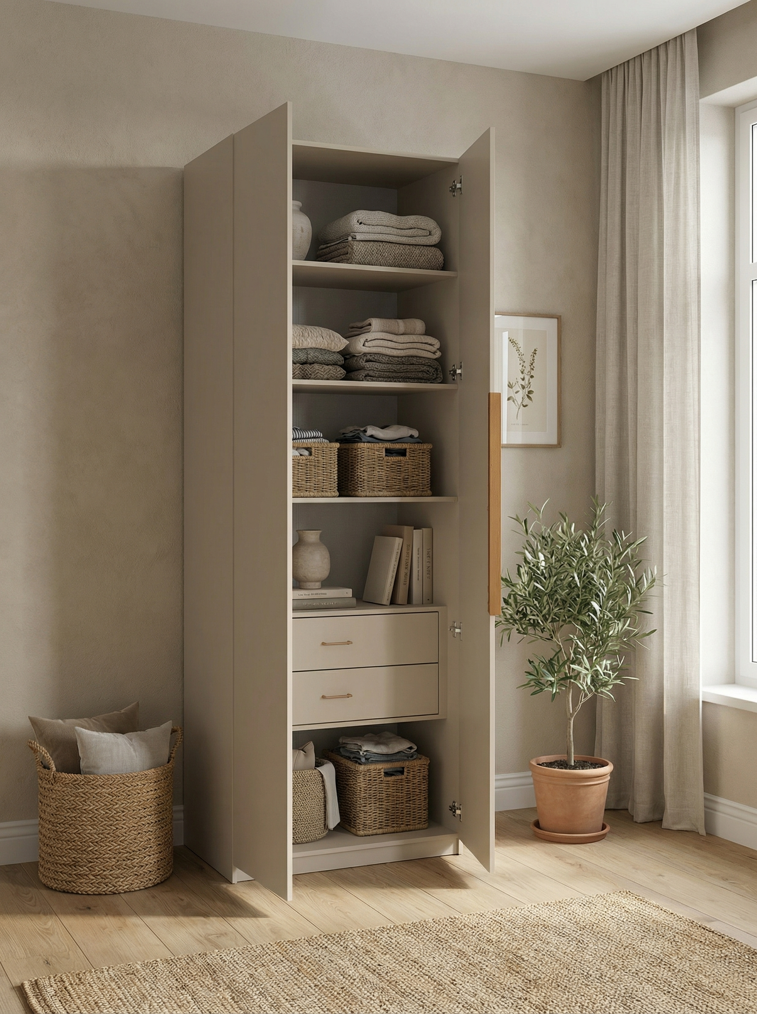 Шкаф двухстворчатый распашной Стич-23 с 2 ящиками, полками и длинной ручкой, ШхГхВ: 90х50х240 см, бежевый