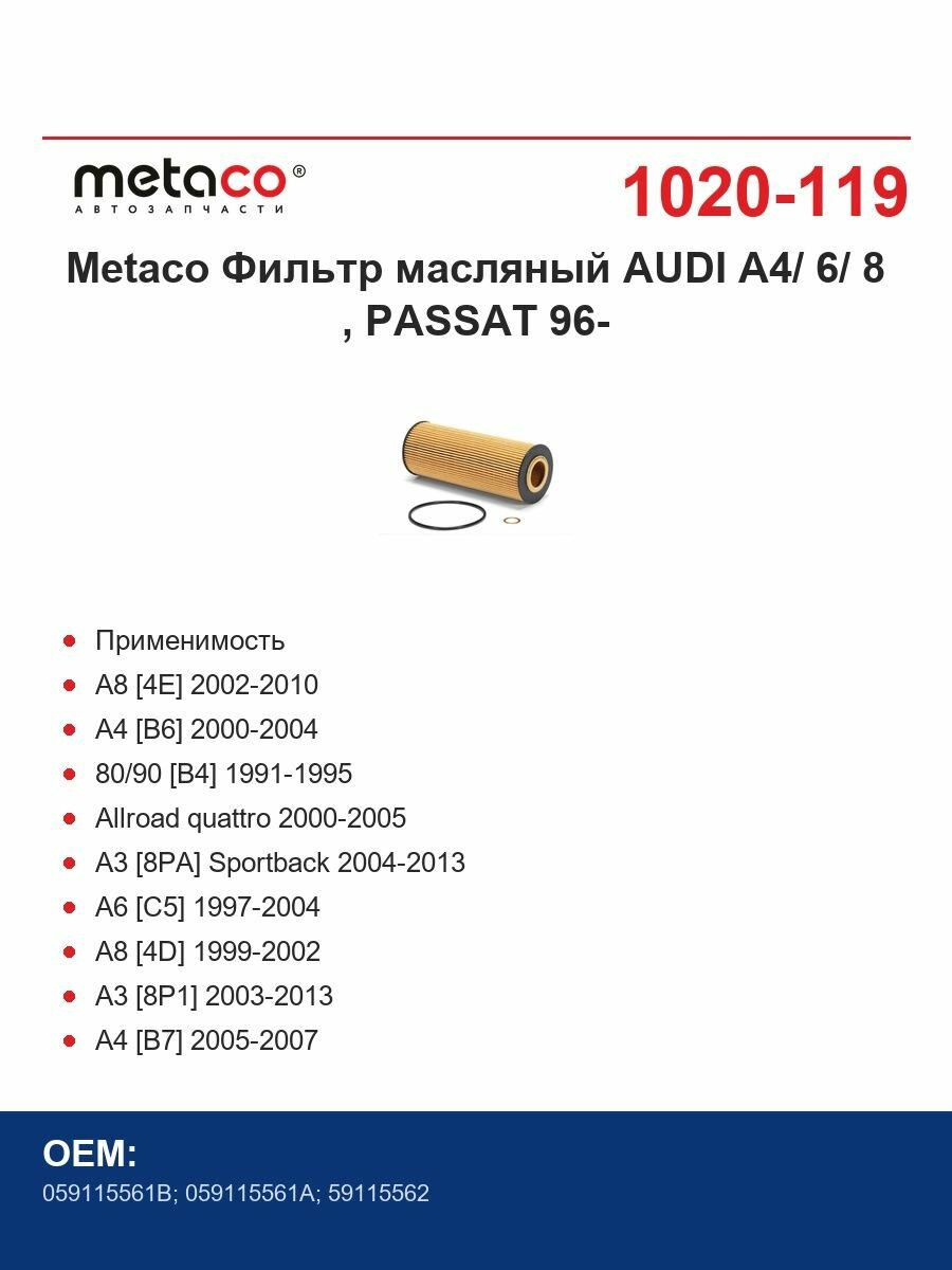Metaco Фильтр масляный AUDI A4/ 6/ 8 , PASSAT 96-