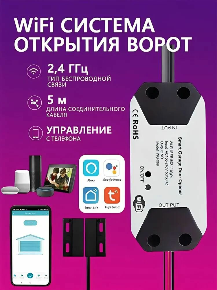 Умная система открывания гаражных ворот с Алисой полный комплект реле + датчик открытия + провода + крепления/Автоматика для ворот, умное реле Wi-Fi