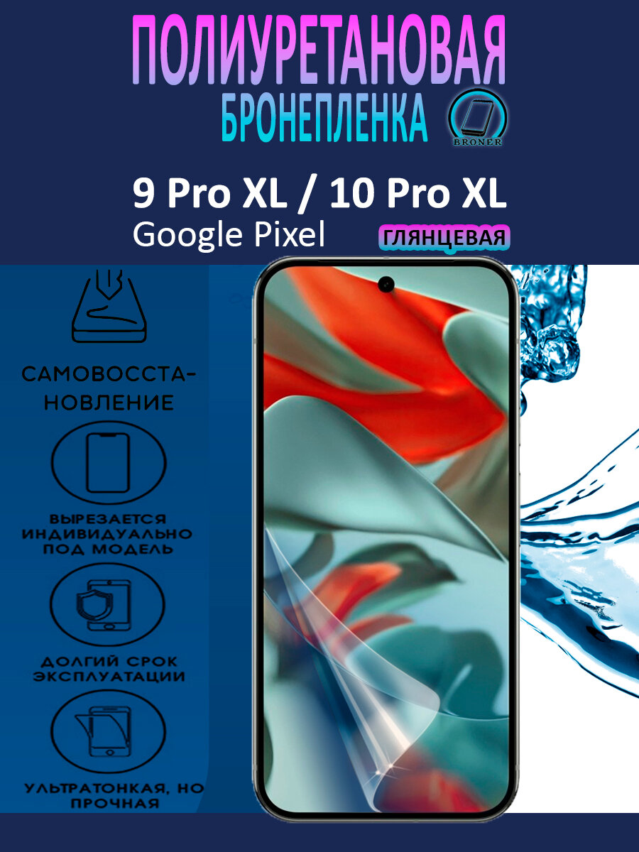 Полиуретановая бронепленка для Google Pixel 9(10) Pro XL / Защитная плёнка на экран, совместима с чехлом, с вырезом под камеру / Глянцевая