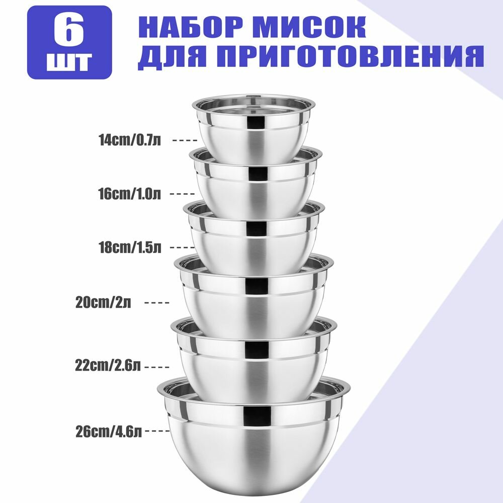 Набор мисок из нержавеющей стали 6 предметов для кухни – разные размеры для смешивания, готовки и сервировки