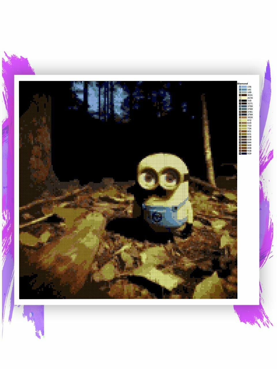 Алмазная мозаика без подрамника - вышивка Миньон в тёмном лесу Мем 40 х 40 см