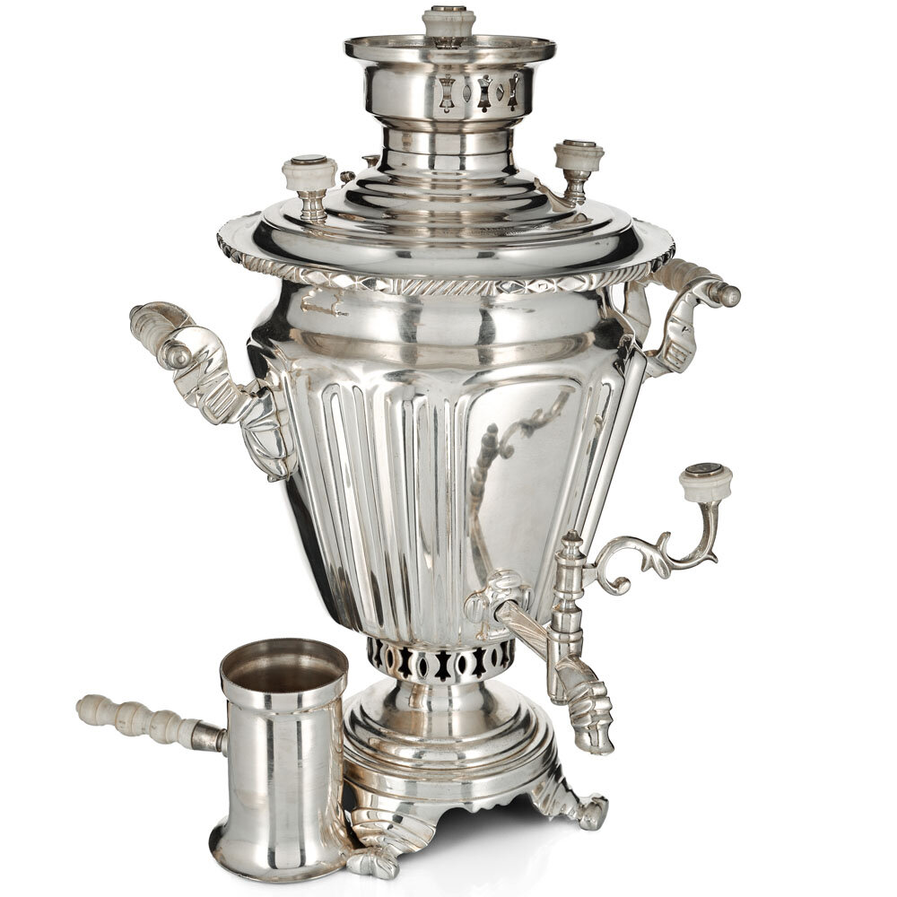 Самовар антикварный на дровах 4 литра формы «Рюмка» Шапошникова, фурнитура кость, посеребрённый
