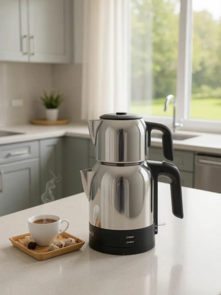 Чайник электрический, двойной Demkolik 0,9 и 1,8 л Korkmaz, 1600 W, черный глянцевый