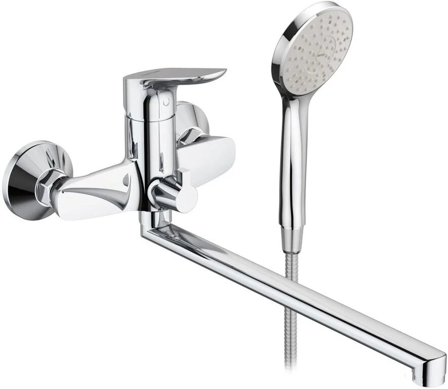 Смеситель с длинным изливом для ванны Damixa Jupiter 779500001 с душевым гарнитуром, поворотный, латунный, хром, глянцевый, смеситель для ванны с душем, рычажный, с настенным держателем
