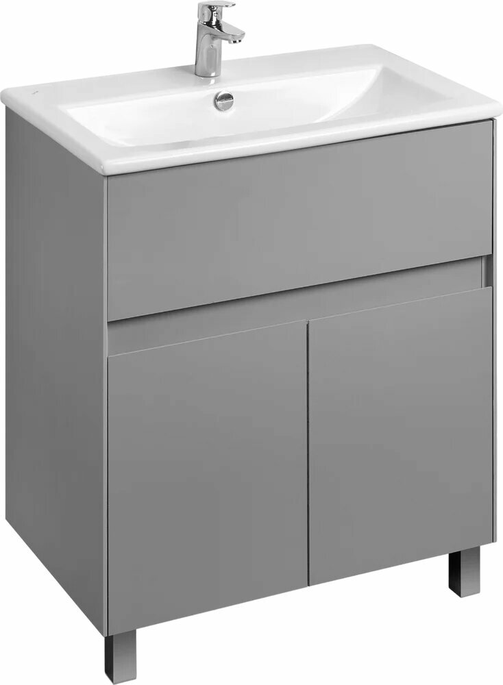 Тумба с раковиной AQUATON Форест 75 75 см, серая, матовая, из ЛДСП, с ящиками, с дверками, раковина для ванной фарфоровая, прямоугольная, встроенный слив-перелив