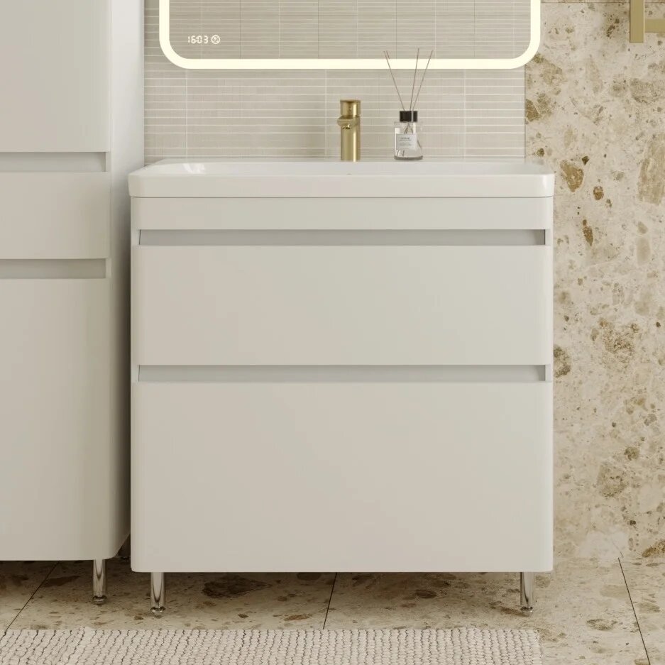 Тумба с раковиной Style Line Атлантика 80 напольная, 79, 7 см, белая, матовая, из МДФ, с ящиками, раковина для ванной из искусственного мрамора, прямоугольная