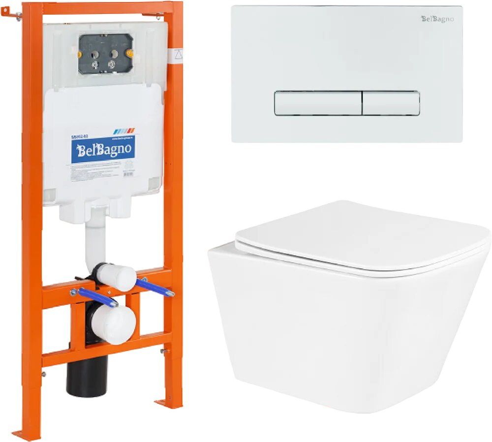 Комплект Унитаз подвесной BelBagno Due BB3103CHR/SC безободковый, с микролифтом, инсталляция BB002-80 с кнопкой BB018-GV-BIANCO