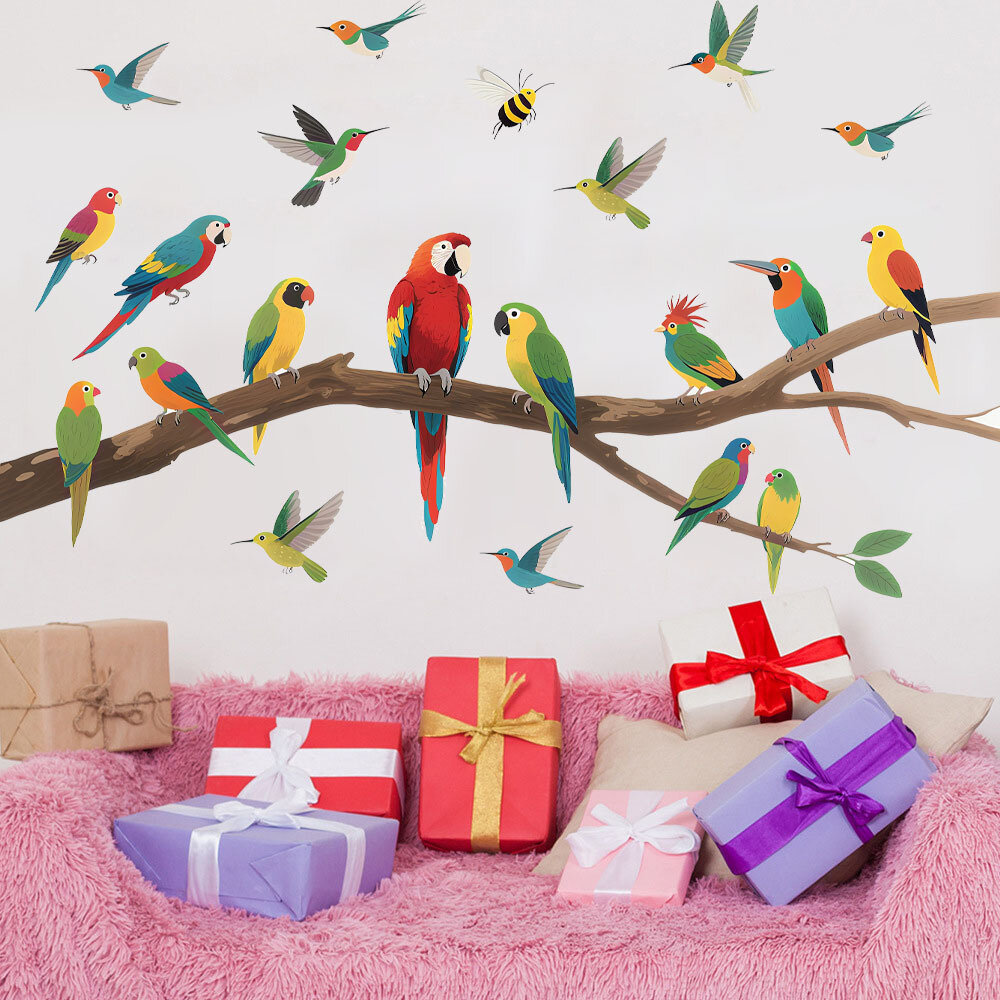 Наклейки на стену с разноцветными попугаями и колибри, самоклеящиеся обои с ветками деревьев для детской комнаты, спальни, гостиной, офиса, съемный декор из ПВХ 37x90 см