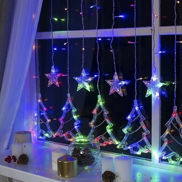 !09 Гирлянда «Бахрома» 2.4 × 0.9 м с насадками «Ёлки», IP20, прозрачная нить, 138 LED, свечение мульти, 8 режимов, 220 В