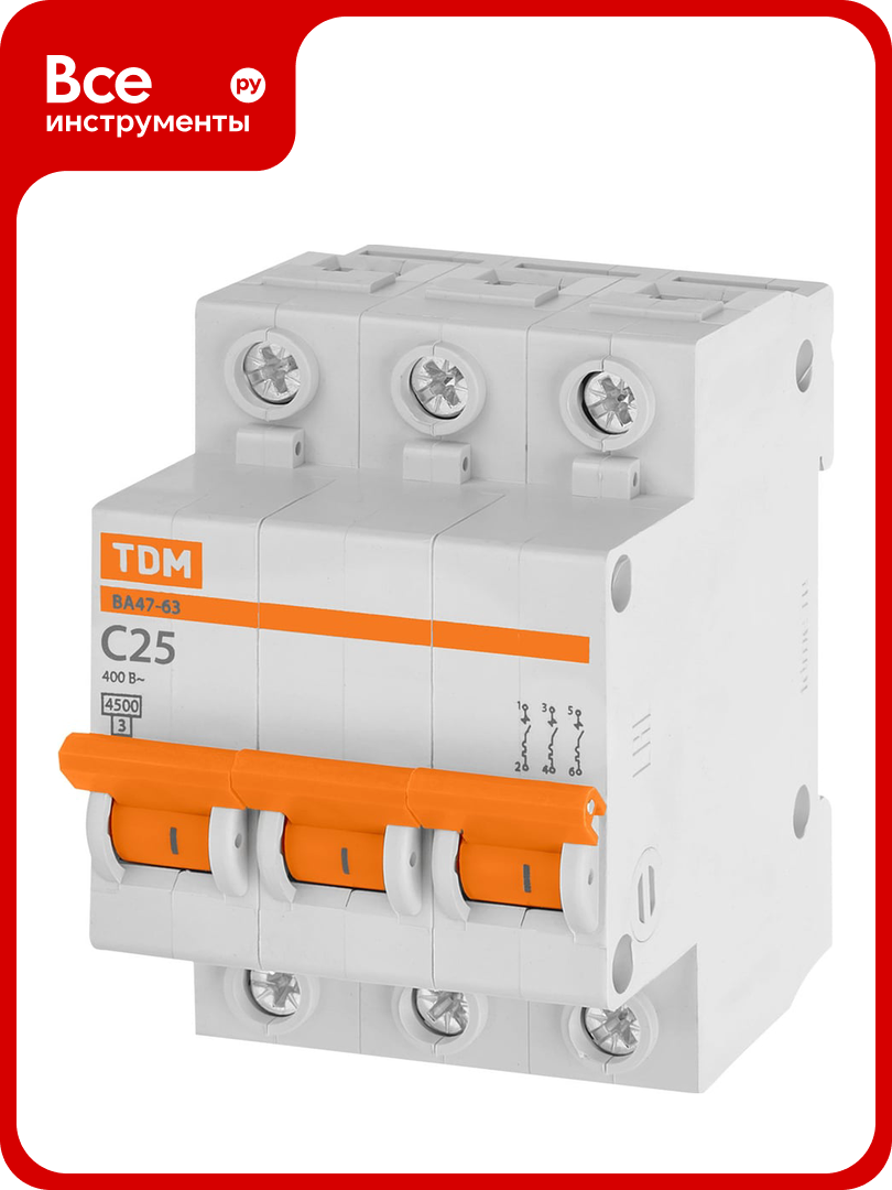 Автоматический выключатель TDM ELECTRIC ВА47-63 3Р 25А SQ0218-0021, пластиковый, 54×75×80, 25 А