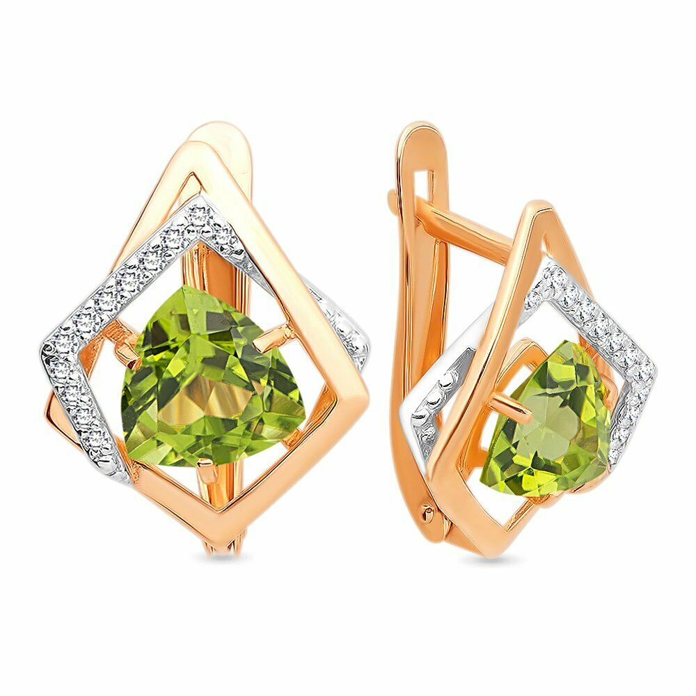 Серьги, красное золото, 585 проба, родирование, фианит, хризолит