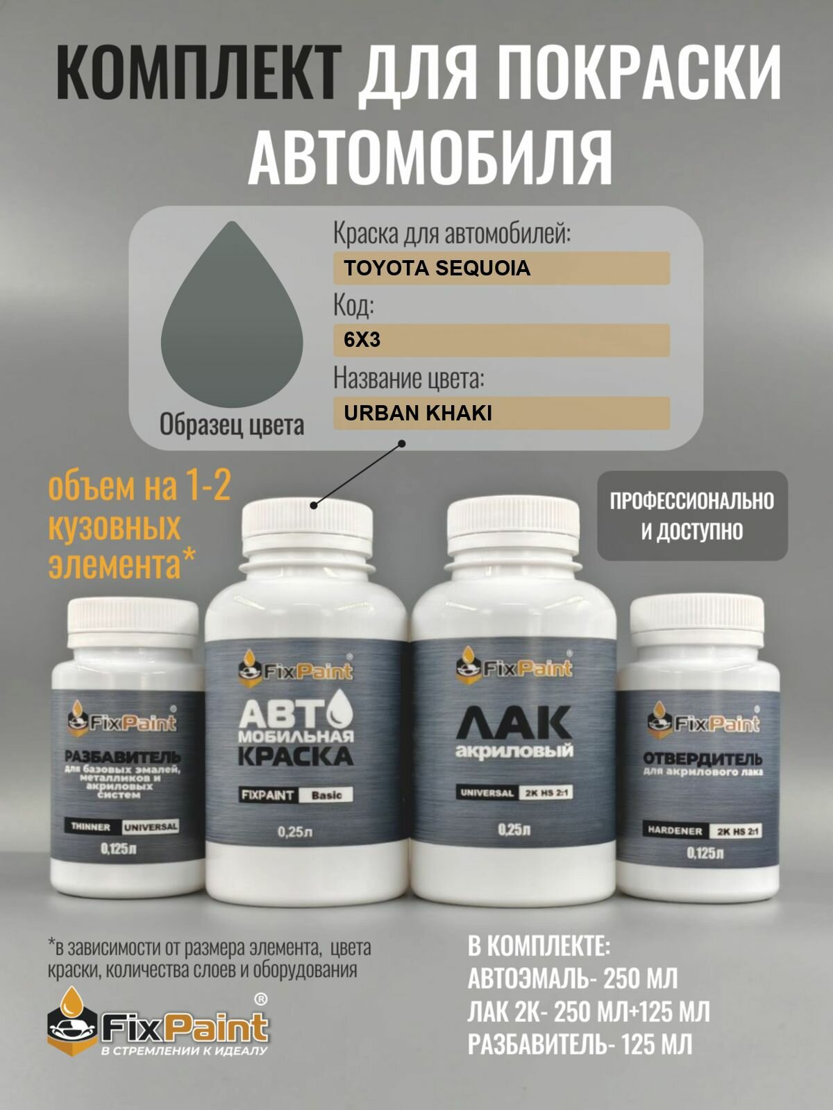 Комплект для покраски TOYOTA SEQUOIA, код 6X3, URBAN KHAKI, базовая автомобильная краска 250 мл, лак 2K 250 мл с отвердителем, разбавитель 125 мл, FixPaint Pro