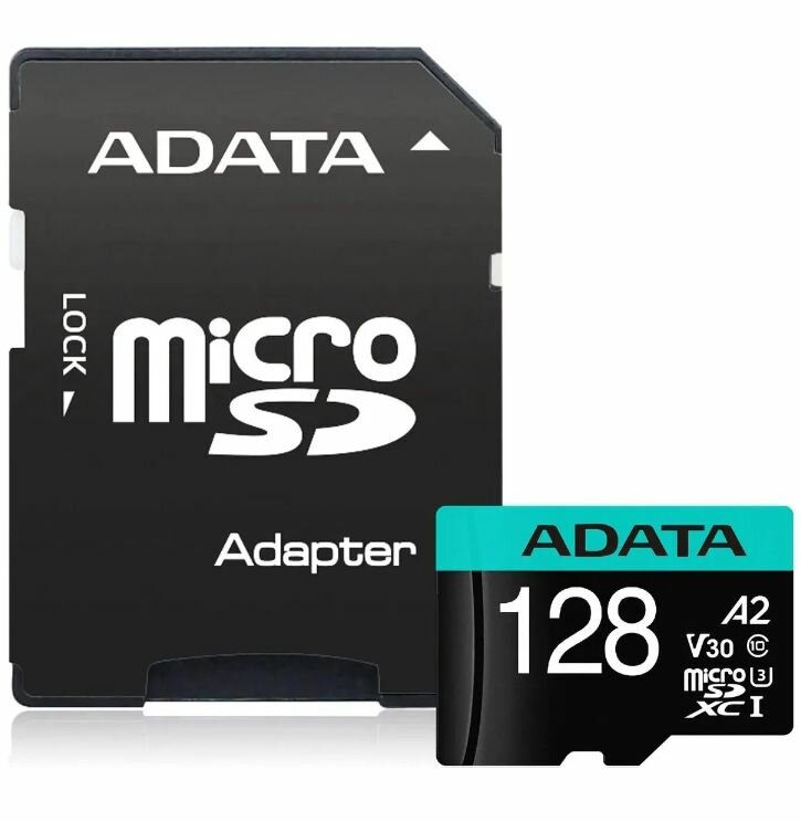 Карта памяти A-Data Premier Pro microSDXC 128 ГБ (AUSDX128GUI3V30SA2-RA1) - Class 10, UHS-I U3, запись - 85 Мбайт/сек, чтение - 100 Мбайт/сек