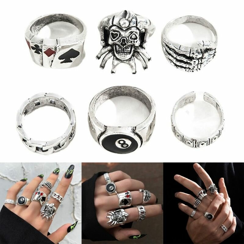 Набор из 6 частей, кольцо для покера с призрачным когтем в стиле панк-череп, клоун номер 8