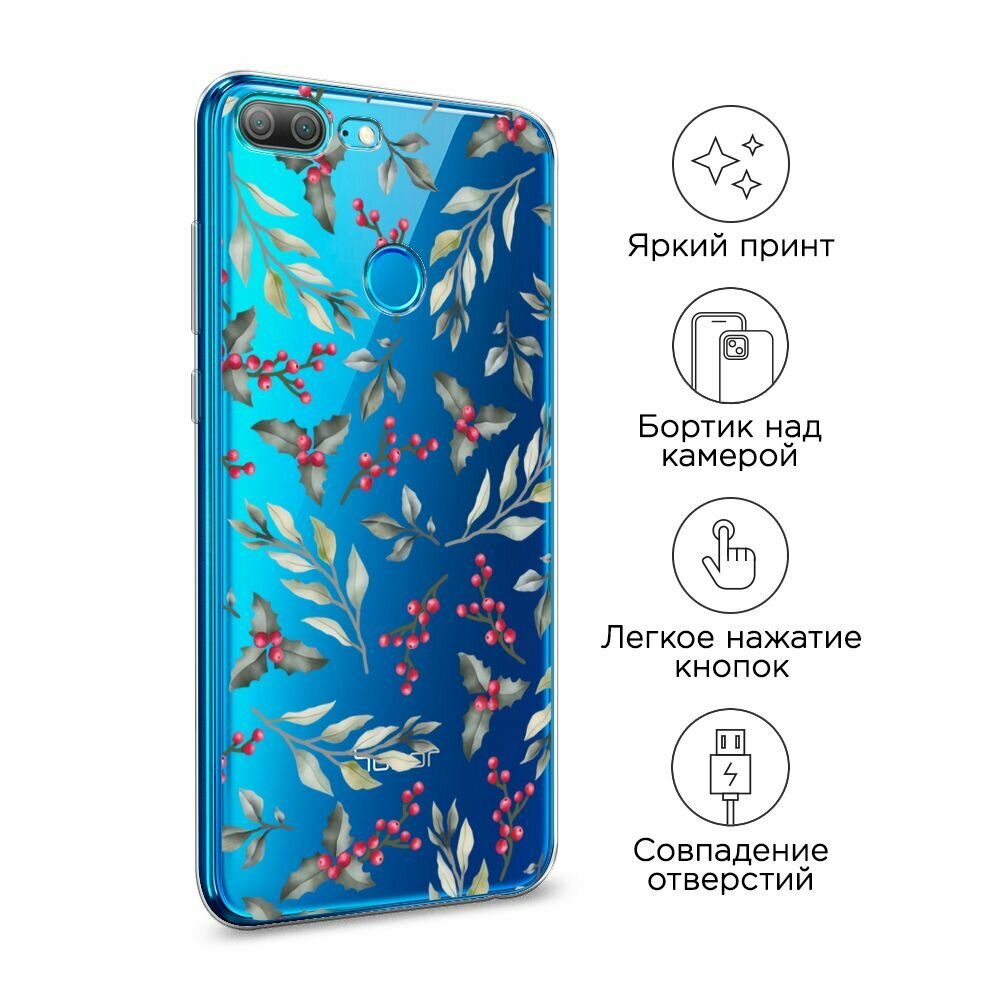 Чехол на Honor 9 Lite / Хонор 9 Лайт с принтом Зимние ягоды паттерн, прозрачный — фото 1