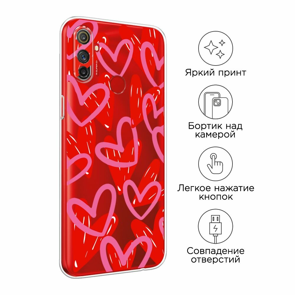 Чехол на Realme C3 / Реалми C3 с принтом "Hearts doodles - 14 февраля", прозрачный — фото 1