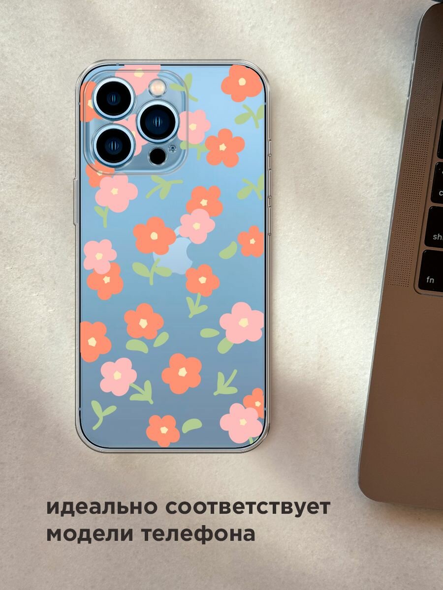 Чехол на Apple iPhone 13 Pro / Айфон 13 Про с принтом "Красные цветочки рисунок", прозрачный — фото 1