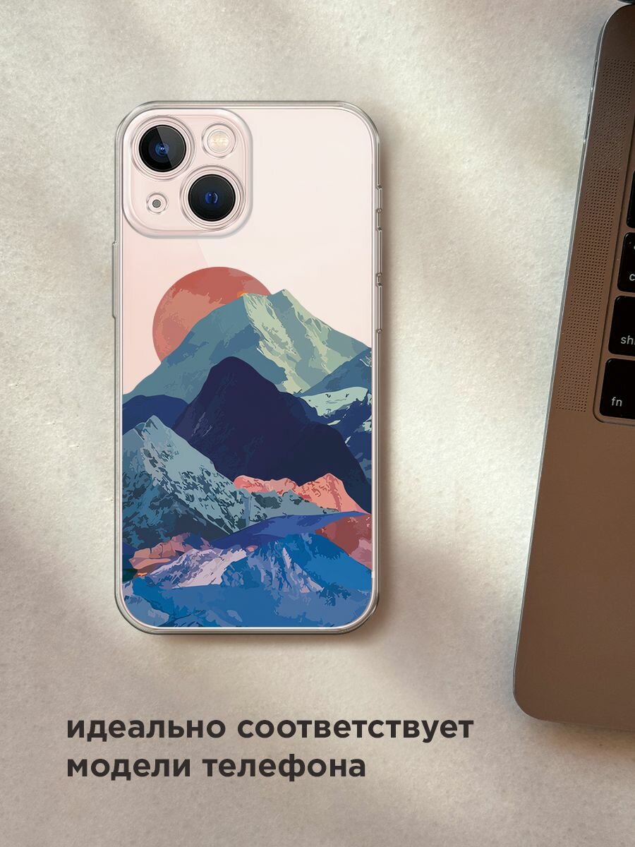 Чехол на Apple iPhone 13 mini / Айфон 13 мини с принтом "Закат в снежных горах", прозрачный — фото 1