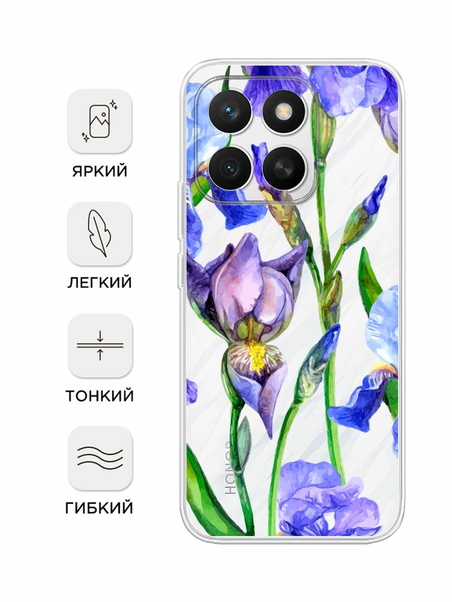 Чехол на Honor X8c / Хонор X8c с принтом "Синие ирисы", прозрачный — фото 1