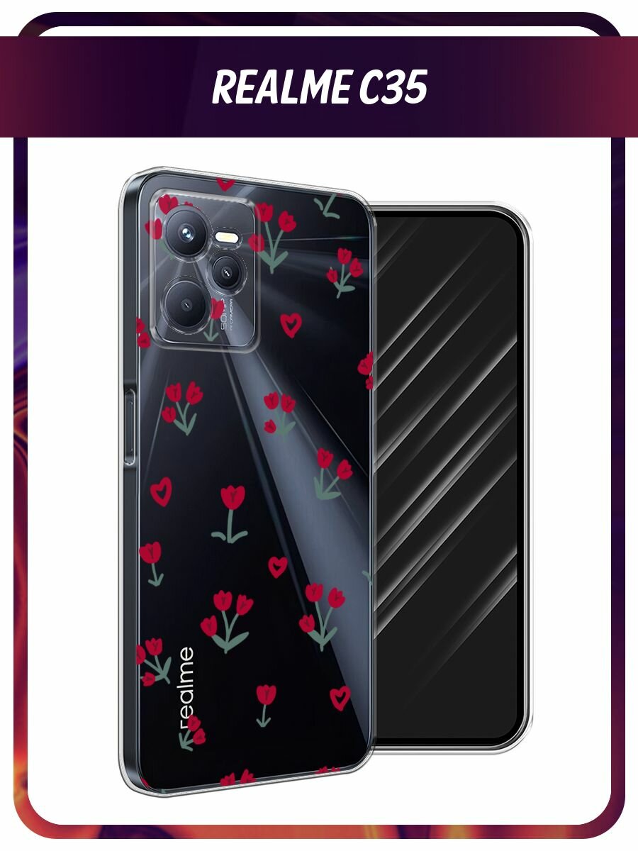 Чехол на Realme C35 / Реалми C35 с принтом "Красные тюльпанчики", прозрачный