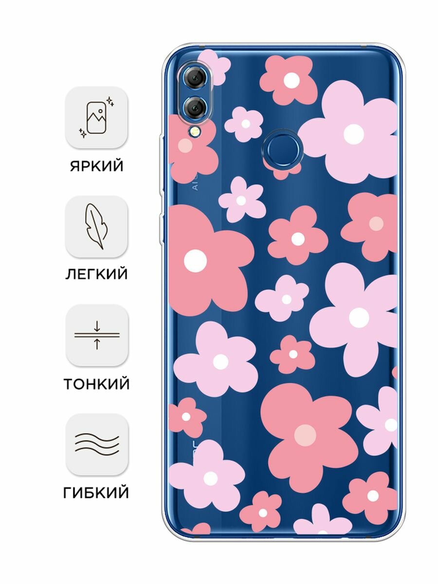 Чехол на Honor 8X / Хонор 8Х с принтом "Нежные розовые цветочки рисунок", прозрачный — фото 1