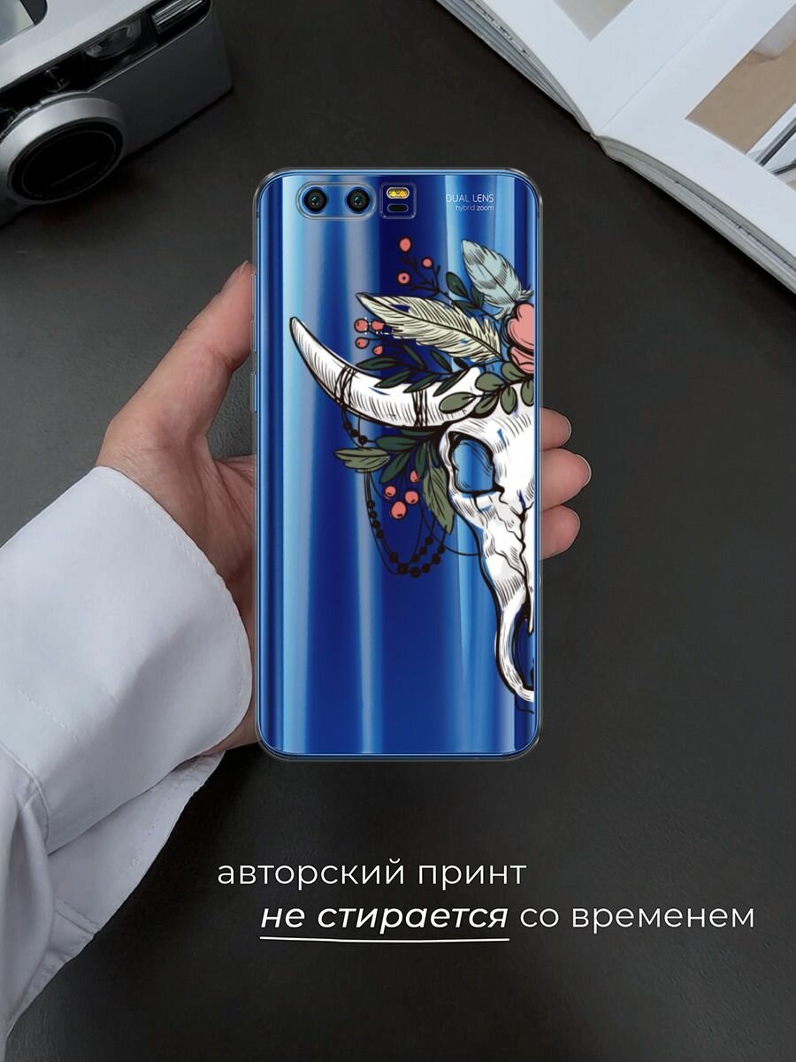 Чехол на Honor 9 / Хонор 9 с принтом "Череп быка с цветами", прозрачный — фото 1