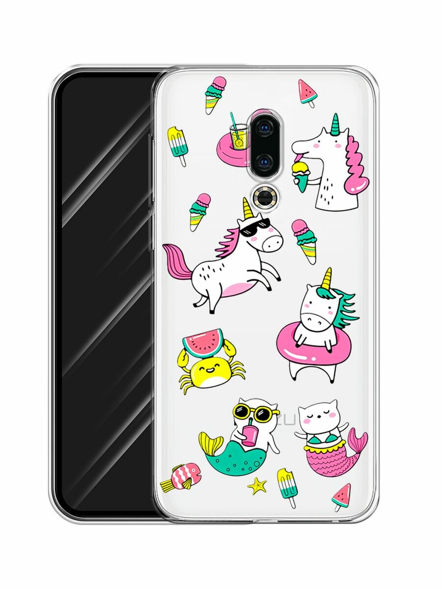 Чехол на Meizu 16th / Мейзу 16th с принтом "Единороги в отпуске", прозрачный — фото 1