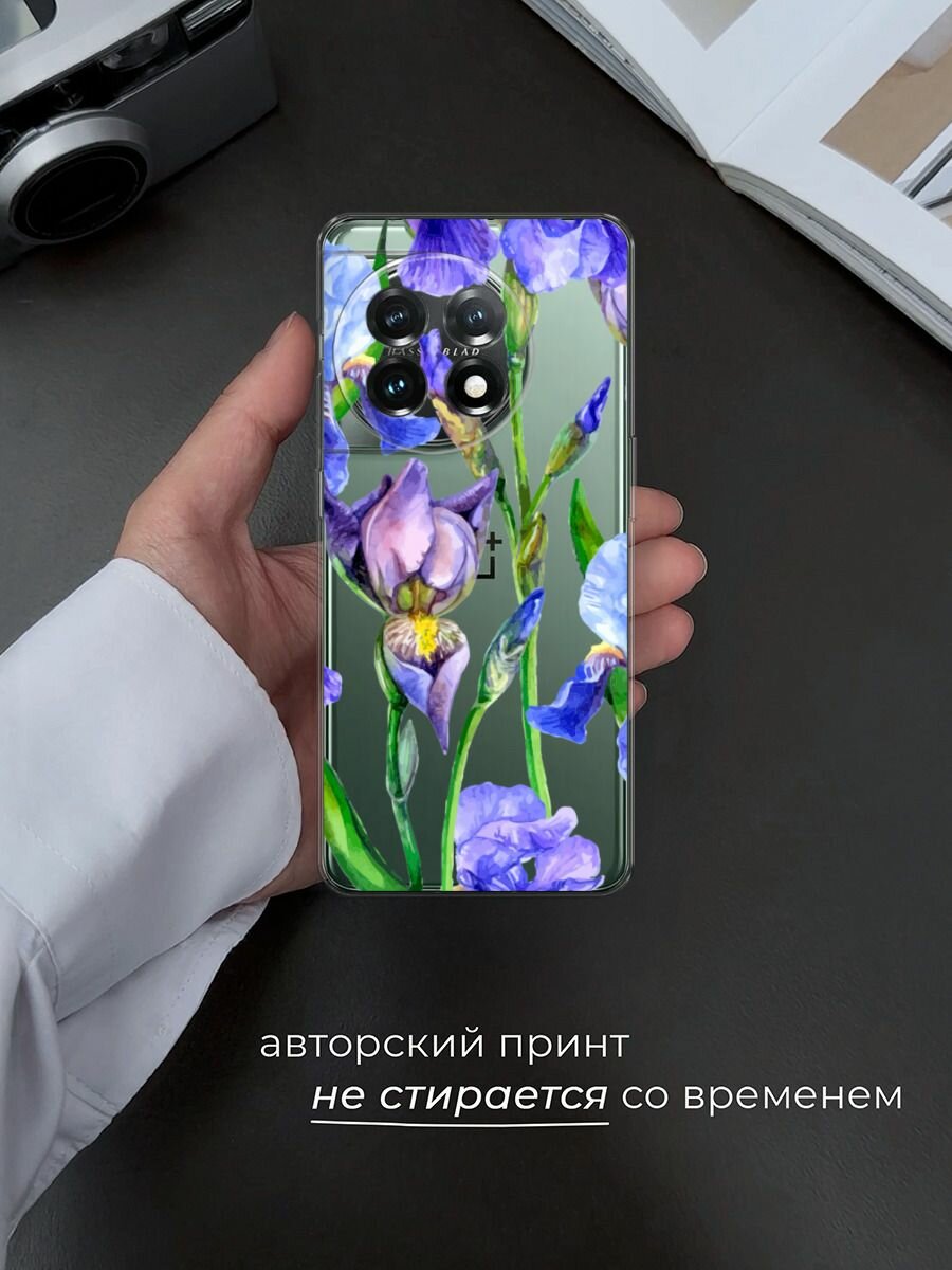 Чехол на OnePlus 11 / Ван Плас 11 с принтом "Синие ирисы", прозрачный — фото 1