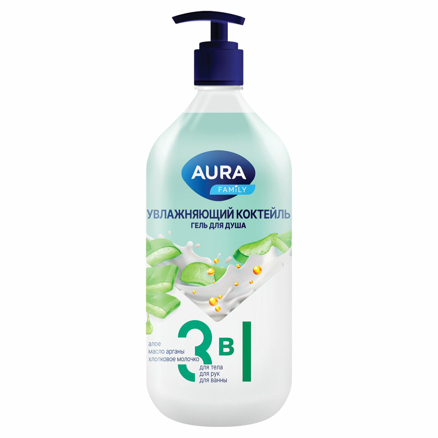 Гель для душа AURA 3 в 1 для тела, рук и ванны 1 л, Family "Увлажняющий коктейль", дозатор