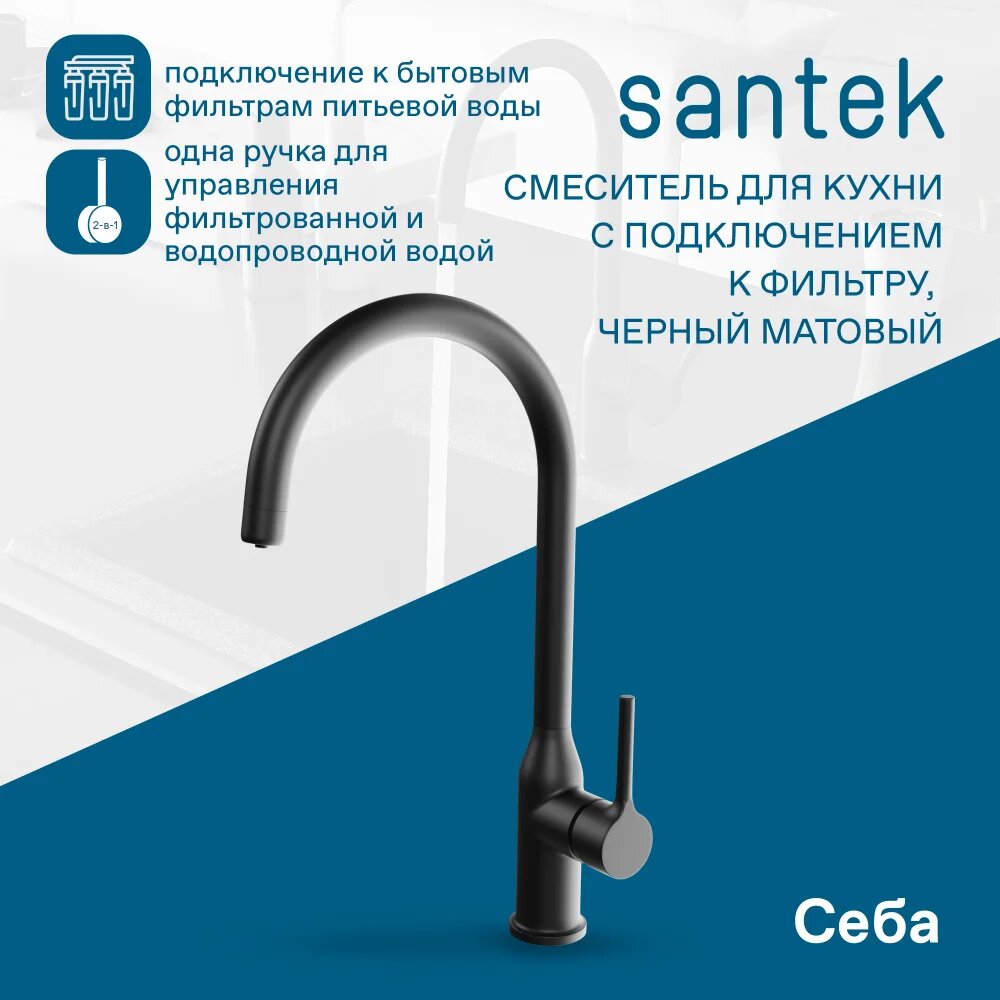Смеситель для кухни Santek Себа WH5A43020N001 с краном для питьевой воды, с поворотным изливом, черный, матовый, однорычажный, латунный, с керамическим картриджем