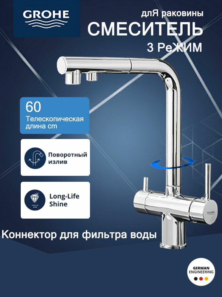 Смеситель для кухонной мойки GROHE с функцией очистки воды Чистая медь, современные технологии