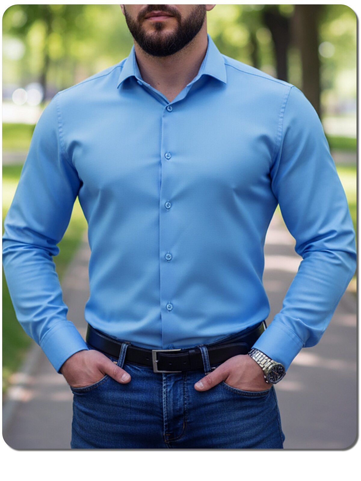 Рубашка Мужская рубашка с длинным рукавом приталенная, сорочка на пуговицах, рубаха на любой сезон, голубая однотонная, без карманов, на любой сезон и на лето рубашка Slim fit с приталенным кроем зауженная