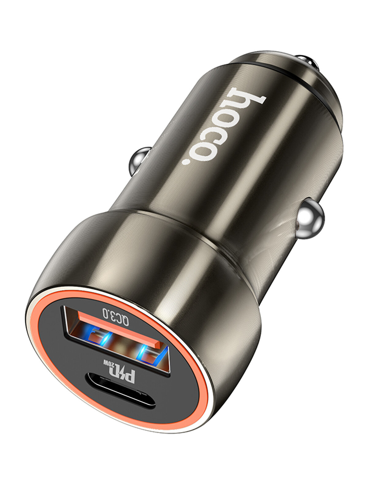 Автомобильное зарядное устройство HOCO Z46A с двумя портами, USB-A QC 3.0 18W, USB-C Power Delivery 20W, серый