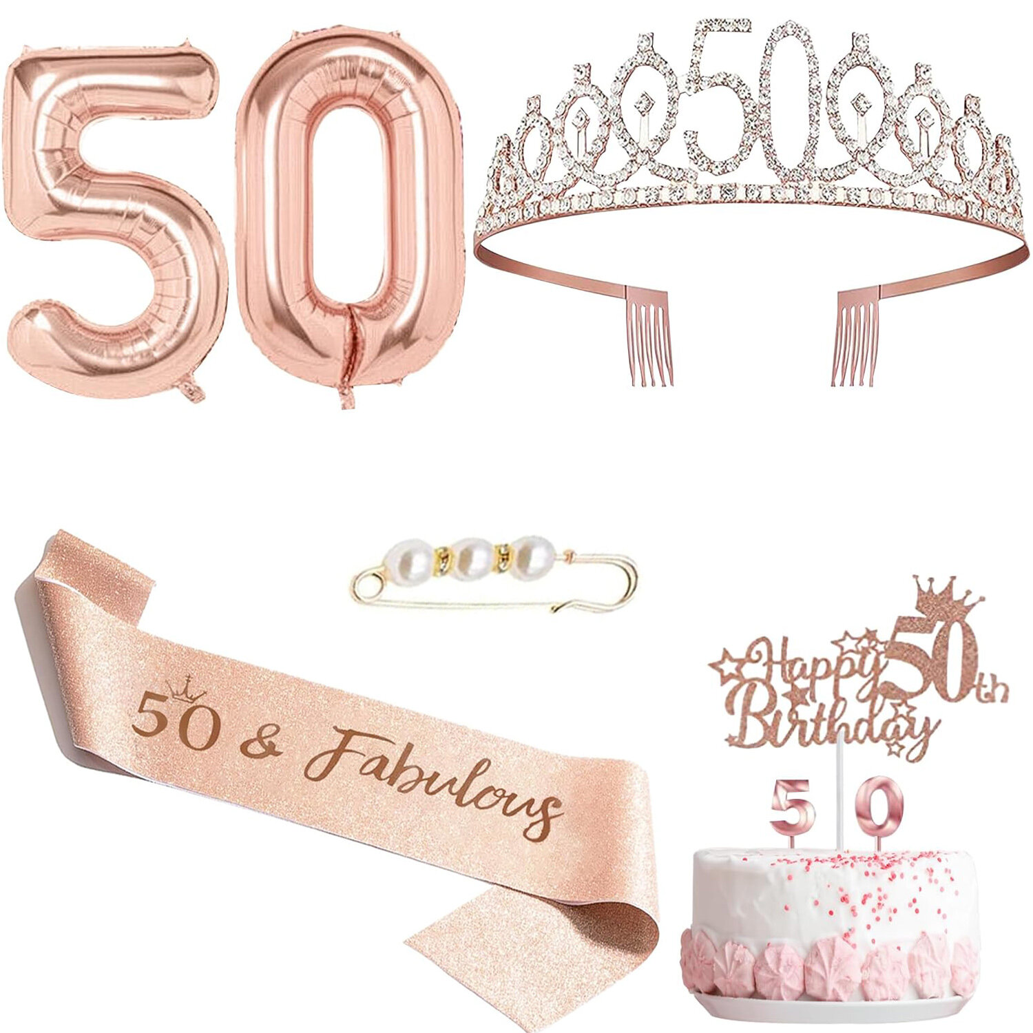 Украшения на 50-летие, Диадема на 50-летие, Топпер для торта и 50 свечей, Лента на день рождения, Розовое золото, Подарки для женщин на 50-летний юбилей