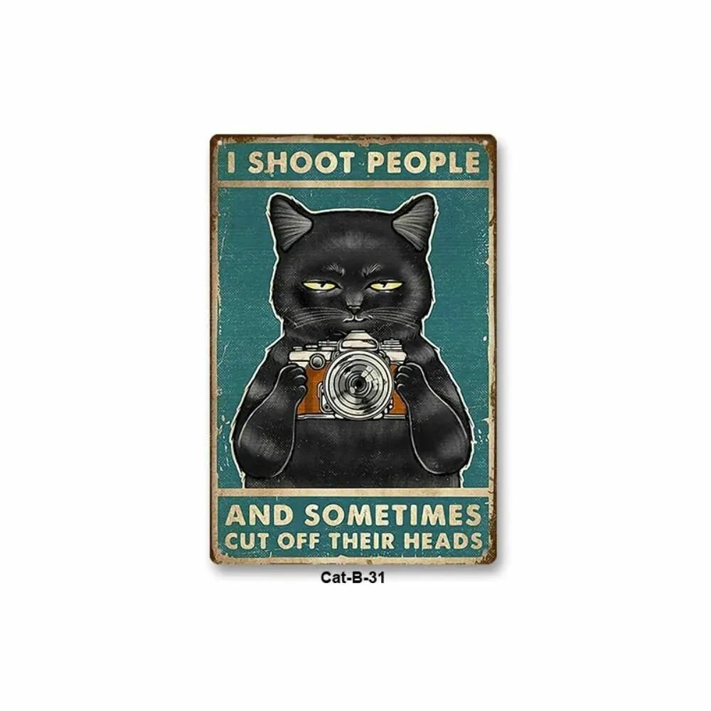 Табличка черный кот-фотограф "I Shoot People", ретро стиль, металл, декор для интерьера, 20х30 см.
