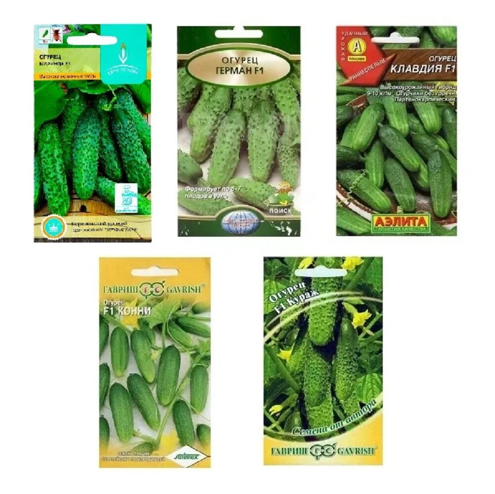 Набор семян огурцов "Хиты сезонов", "Маринда F1", "Конни F1", "Клавдия F1", "Кураж F1", "Герман F1".
