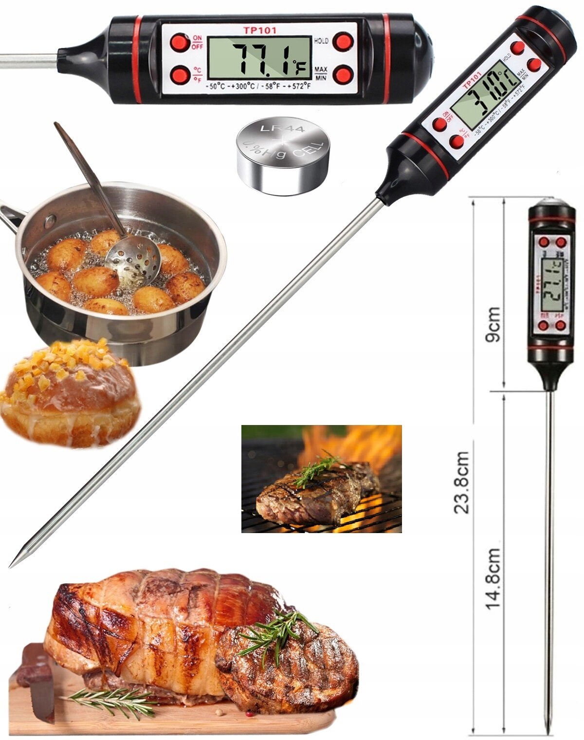 Термощуп, для приготовления, кухонный, электронный, чёрный, до 300°C, батарейка LR44