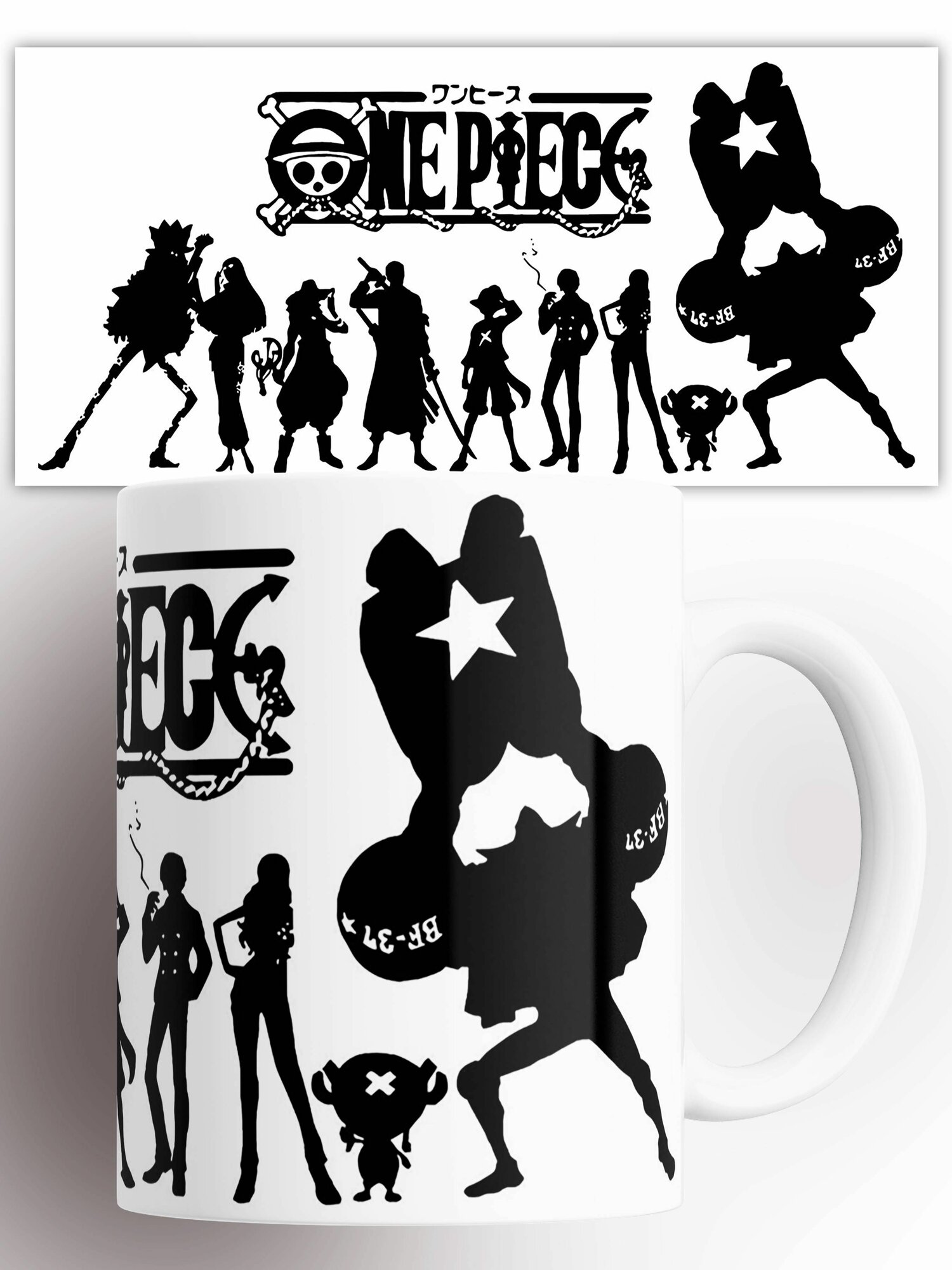 Кружка с принтом Аниме ВАН ПИС арт чб Anime ONE PIECE art 330 мл