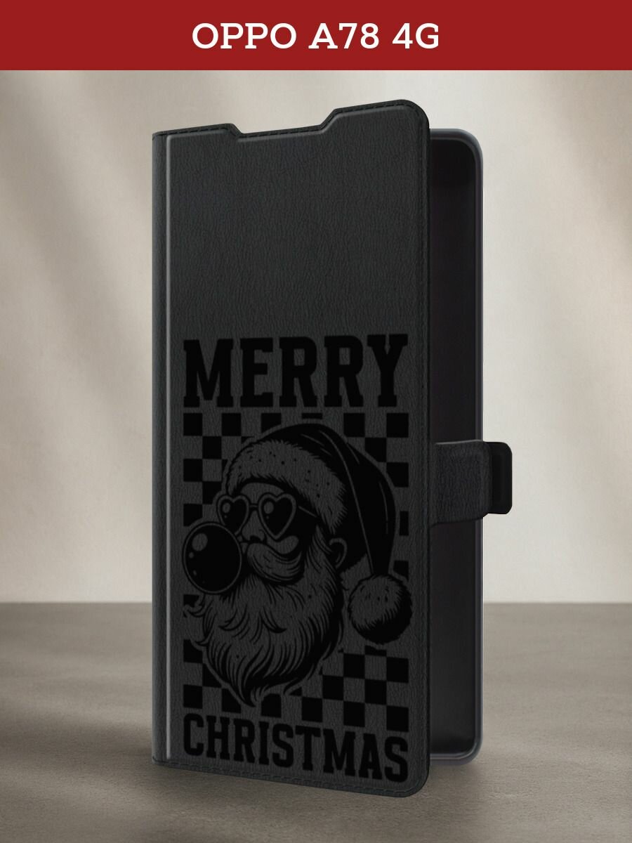 Чехол-книжка на Oppo A78 4G / Оппо А78 4G с рисунком Крутой санта, черный