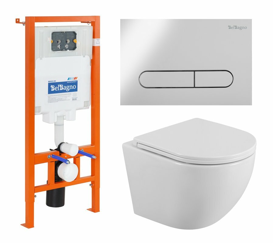 Комплект Унитаз подвесной BelBagno Uno BB3105CHR/SC безободковый, с микролифтом, инсталляция BB002-80 с кнопкой BB005-PR-CHROME