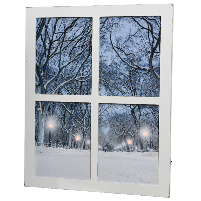 Светящаяся картина на дереве Окошко на Снежную аллею 37*50 см с оптоволоконной и LED подсветкой, на батарейках, Kaemingk, 483100-2