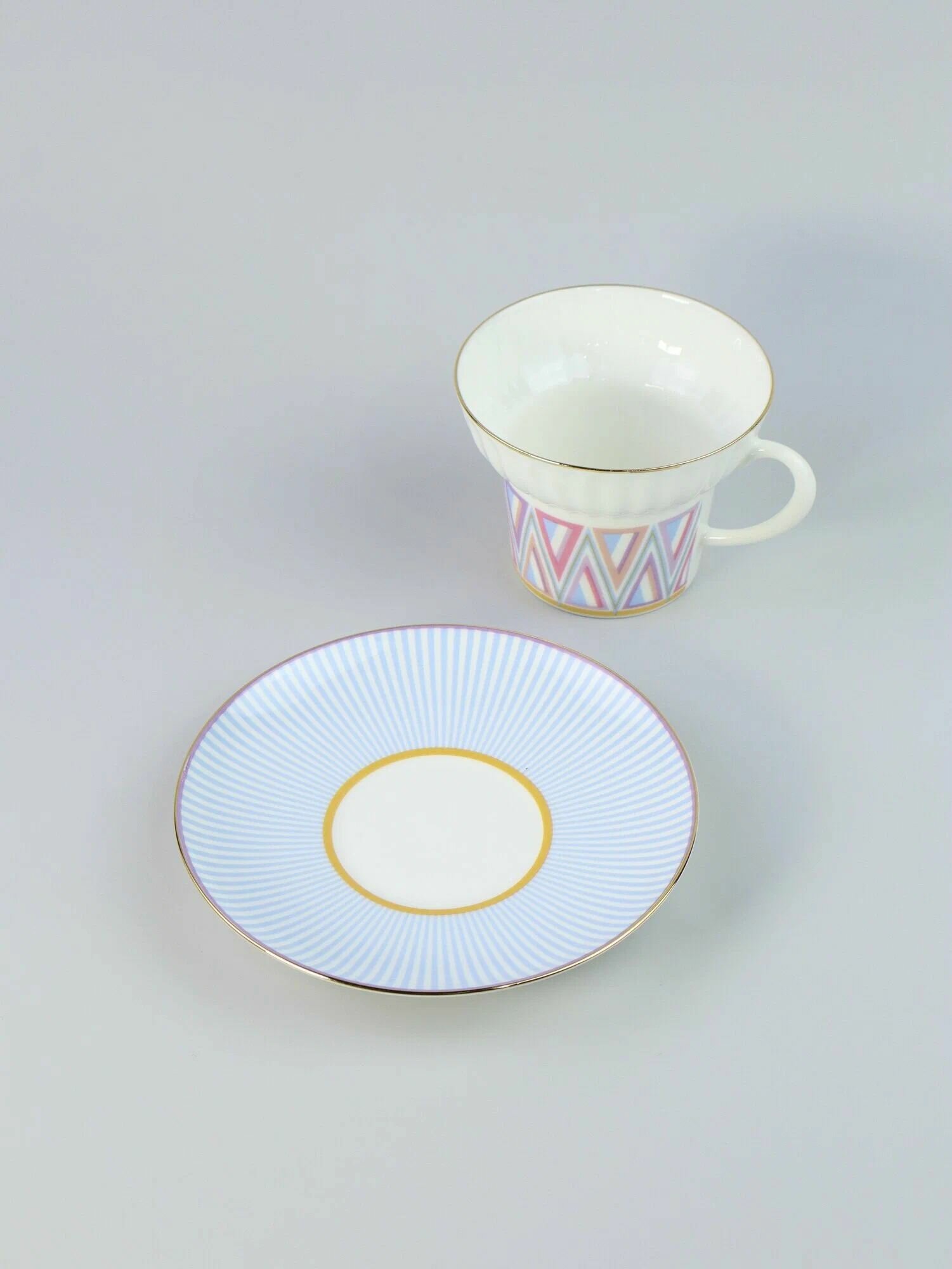 Чайная пара 155 мл. Форма "Волна", рисунок "Геометрия" №1. Костяной фарфор. Императорский фарфоровый завод ИФЗ ЛФЗ