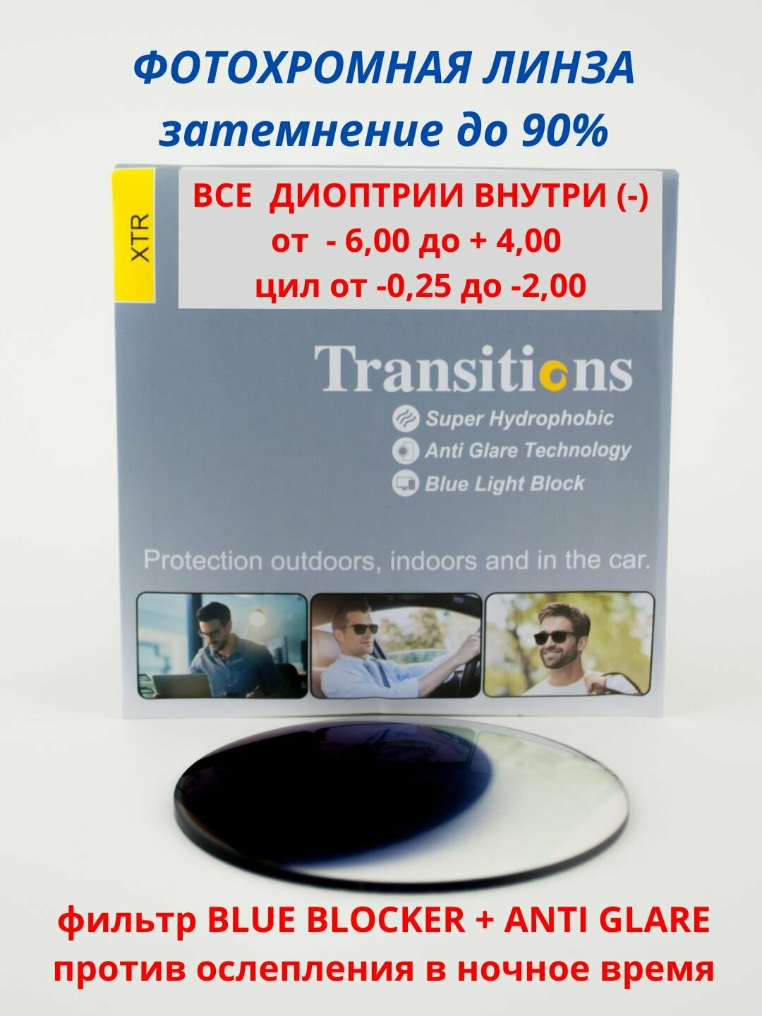 Линза для очков, сфера +3.50 , цил -1.50 Transiticns XTR-active PHOTO GREY BLUE BLOCKER индекс 1.56