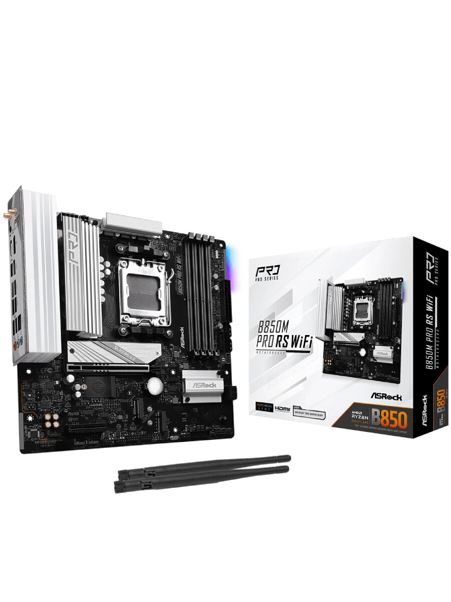 Материнская плата ASROCK B850M PRO RS WIFI, AM5, AMD B850, 4xDDR5, 4xSATA, 3xM.2, 1xPCIe 5.0 x16, 1xPCIe 3.0 x4, 1xDP, 1xHDMI, 1x2.5Gb LAN, Wi-Fi 6E, Bluetooth 5.2, 1xUSB-C 10Gbps, 1xUSB-A 10Gbps, 2xUSB-A 5Gbps, 4xUSB-A 2.0, 3x3.5 мм, 7.1, mATX